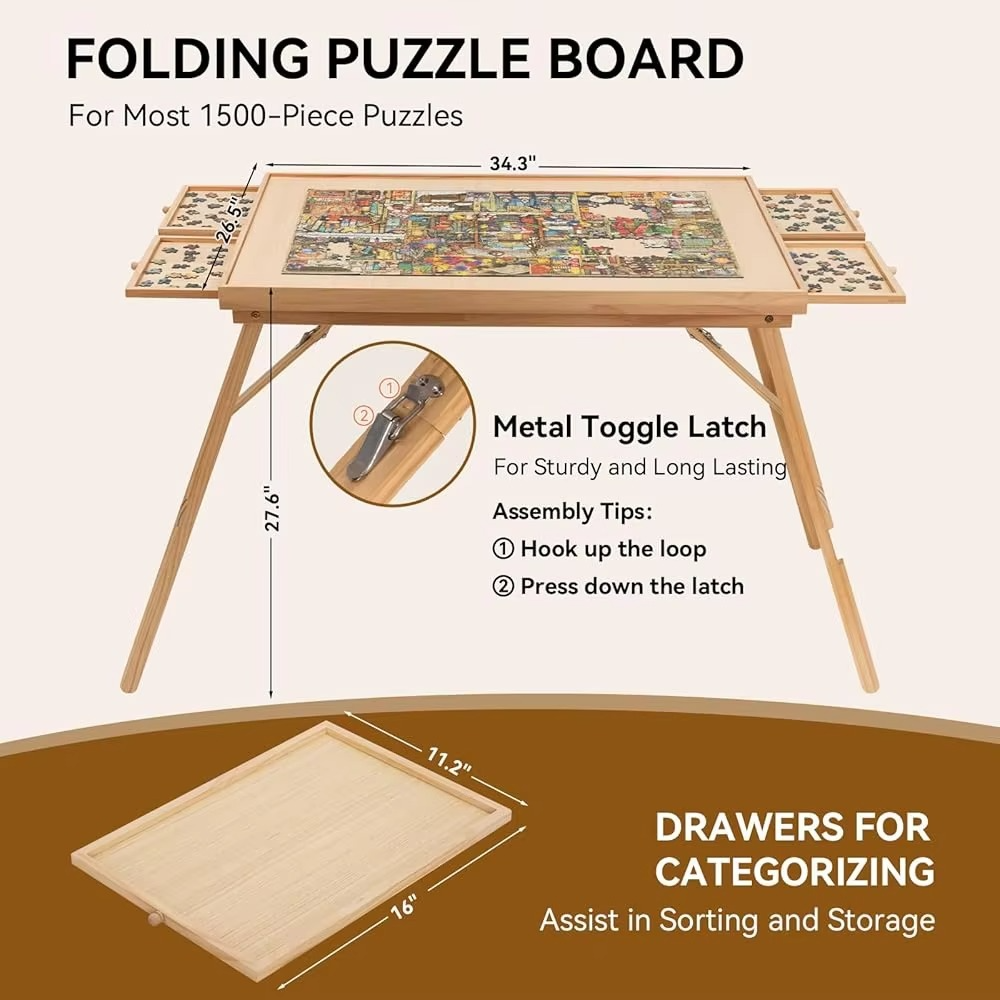 Tall Wooden Jigsaw Puzzle Table With Legs, 4 Drawers, Folding Board Fo ...