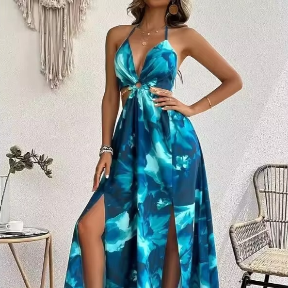 Elegant Floral V-Neck Maxi Dress with Backless Design and Side Slit ...